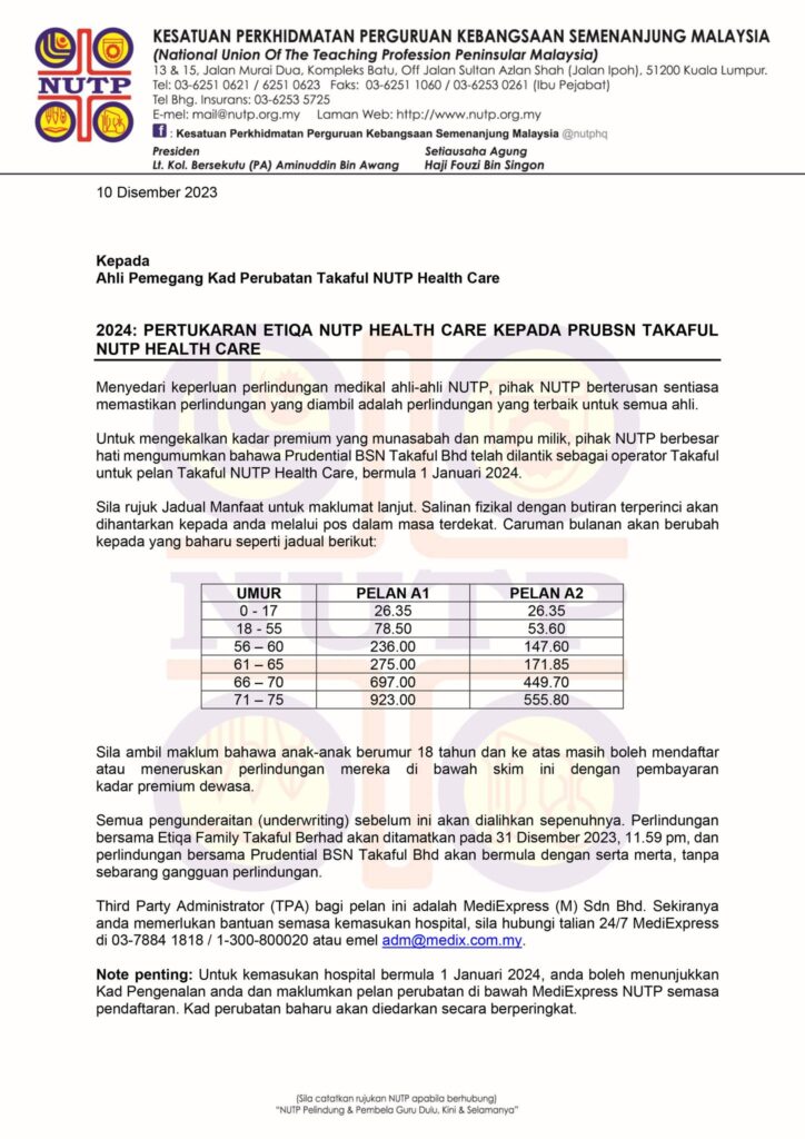Pertukaran Etiqa NUTP Health Care kepada PRUBSN Takaful NUTP Health ...